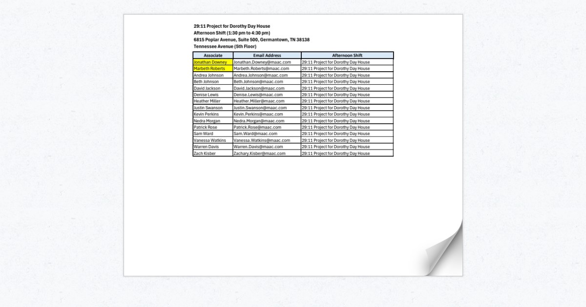 Team volunteer contact lists