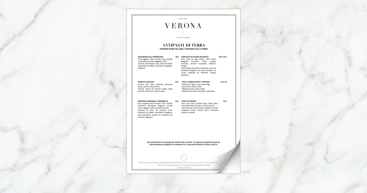 Verona Dinner Menu
