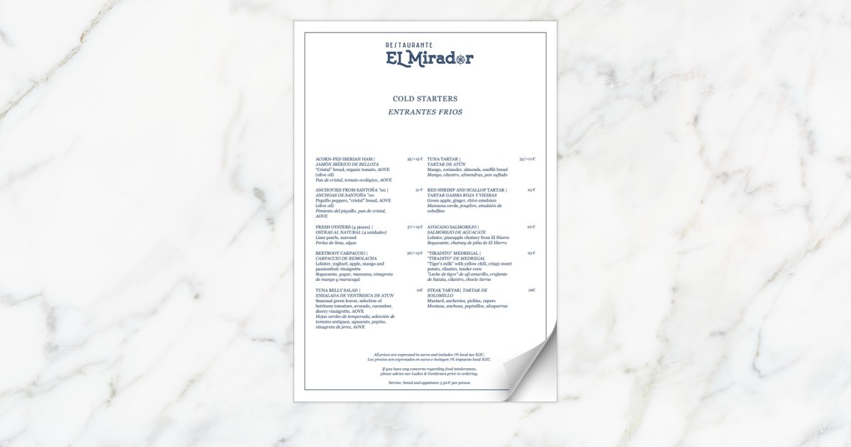El Mirador Dinner Menu