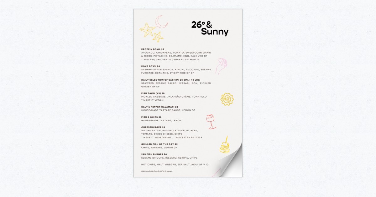 26 & Sunny Sunset sesh menu