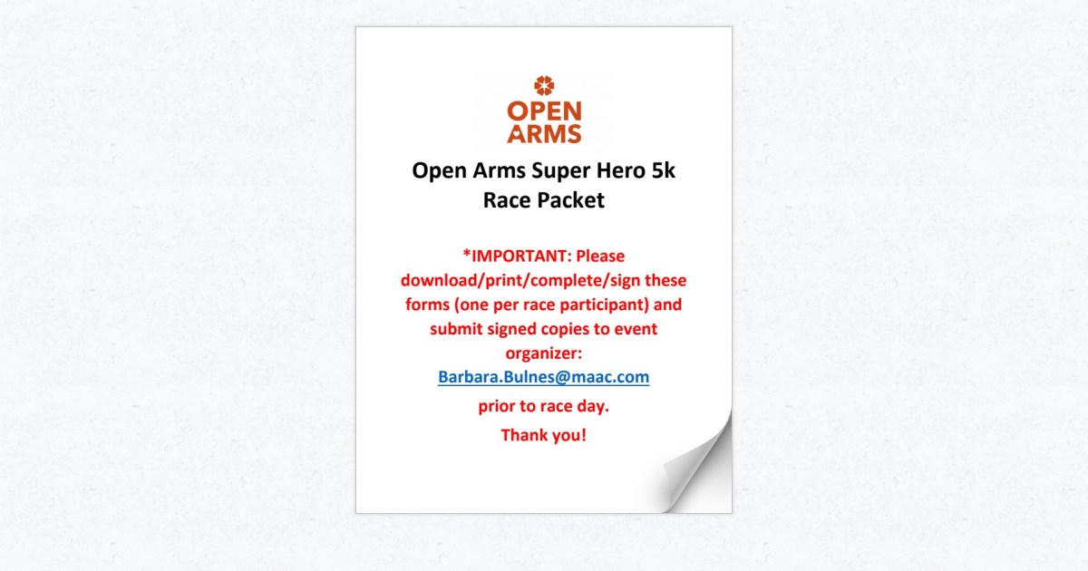 Open Arms Super Hero 5k race packet