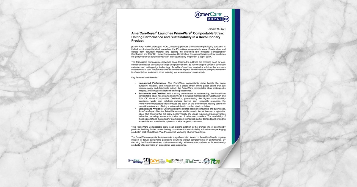 AmerCareRoyal Launches PrimeWare Compostable Straw