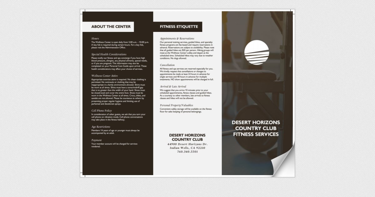 Desert Horizons Country Club Fitness Services - Trifold Menu