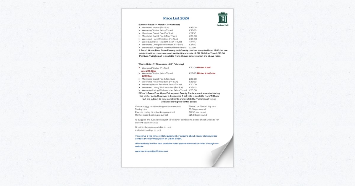 Golf Price List 2024