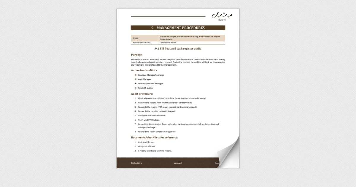 9.1 Till float and cash register Audit