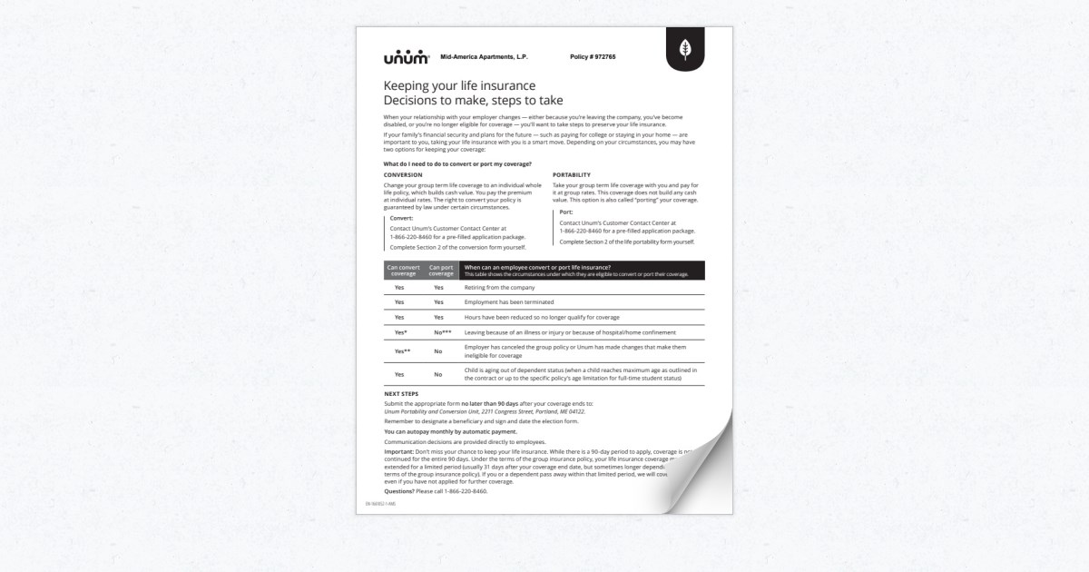 Unum | Group Term Life Portability and Conversion