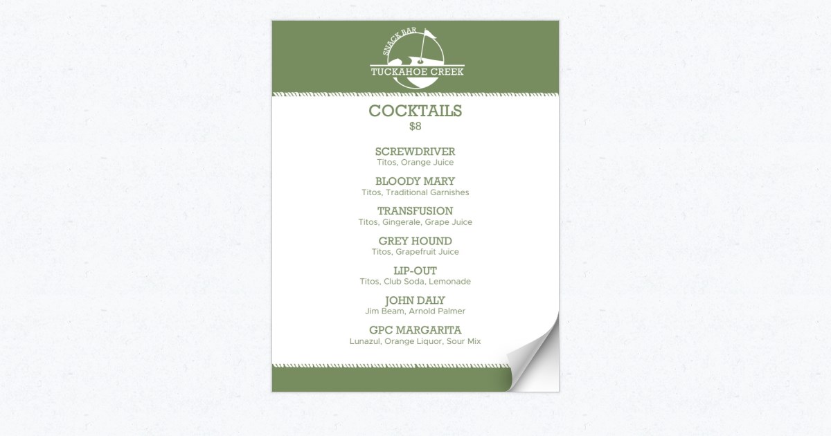 Golf Performance Center Cocktail Menu