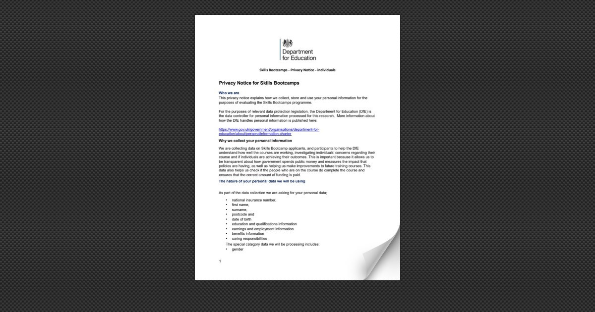 Skills Bootcamps Privacy Notice for individuals DfE